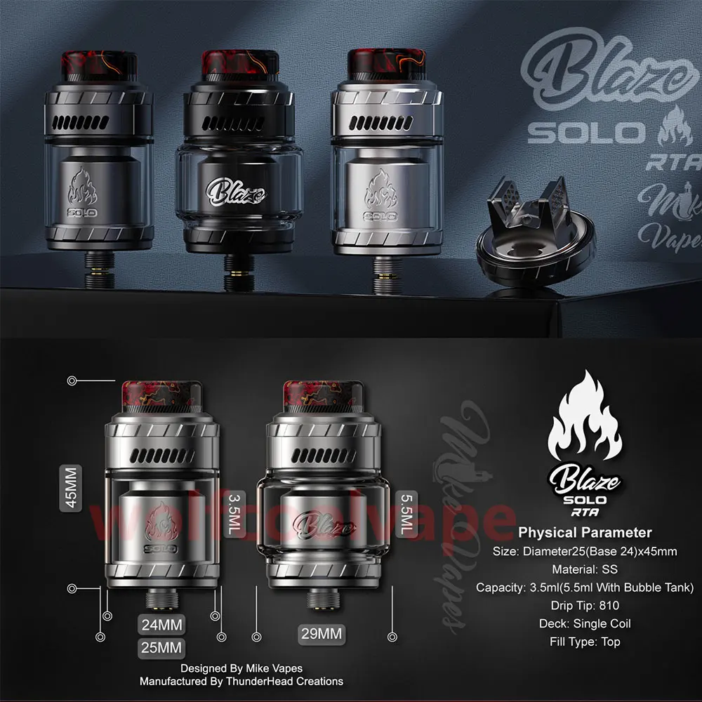 Authentic ThunderHead Creations Mike Vapes Blaze Solo RTA Vape Atomizer ...