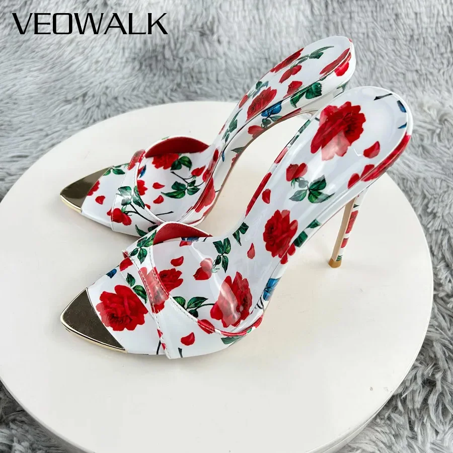 Sexy 12cm Women's Red Rose Floral Print Pointed Toe Stiletto Mules ...