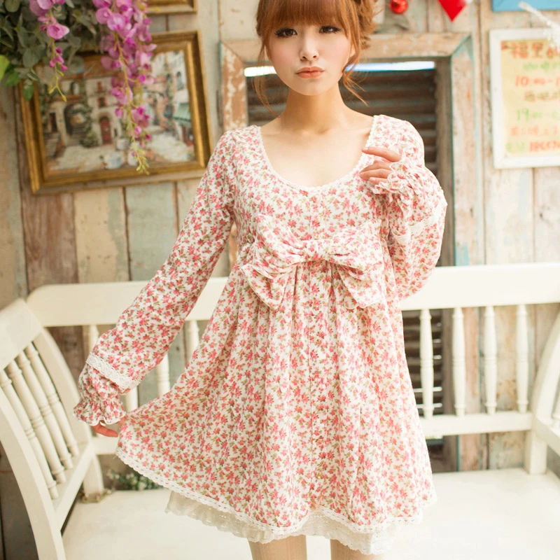 Japan Style Knitted Velvet Floral Printed Ribbon Bow Dress - Dresses ...