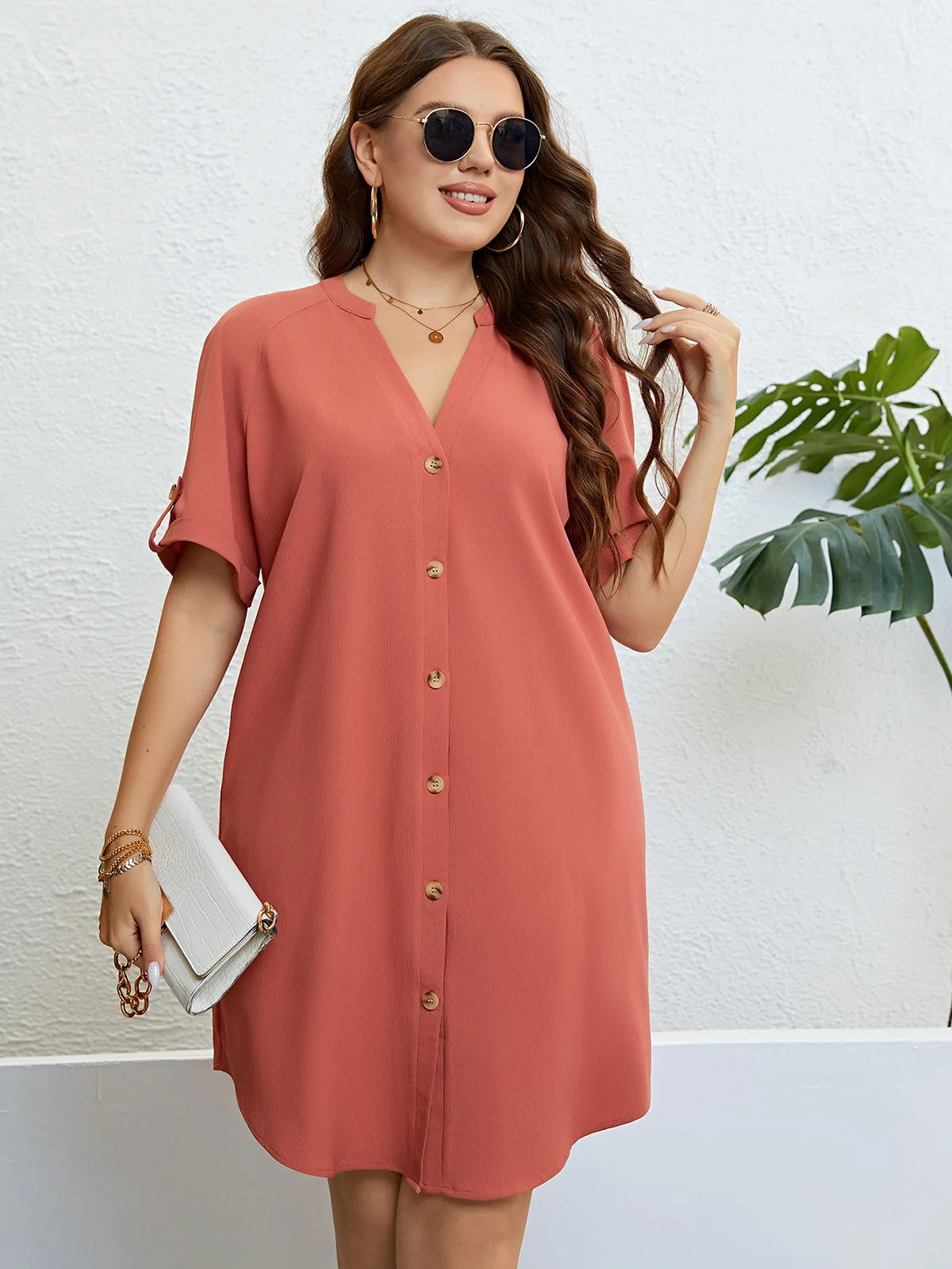 Plus-Size-Women-s-Shift-Dress-Summer-Short-Sleeves-Notched-V-Neck-Shirt ...