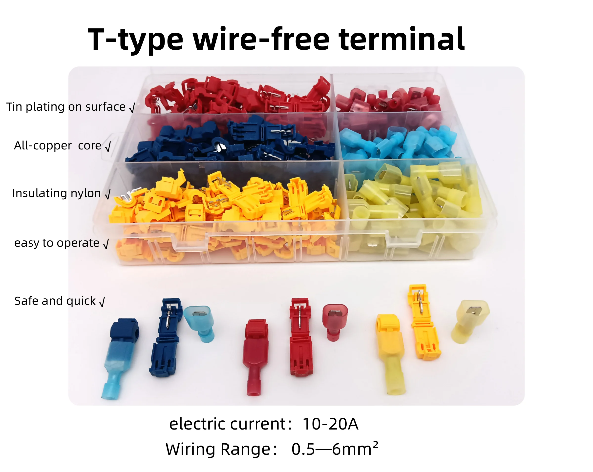 Terminais encaixotados em forma de T, sem decapagem de fios, braçadeira ...