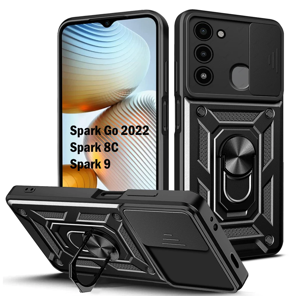 Slide Lens Armor Funda for Tecno Spark Go 2022 Case Ring Kickstand ...