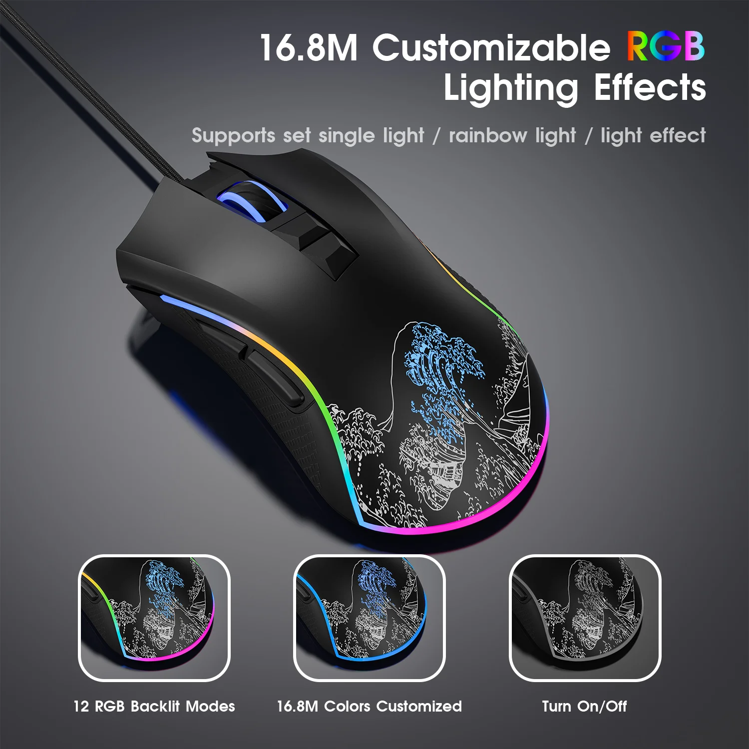 Rato para jogos preto com tema XVX G705 Kanagawa, 7 botões programáveis ...