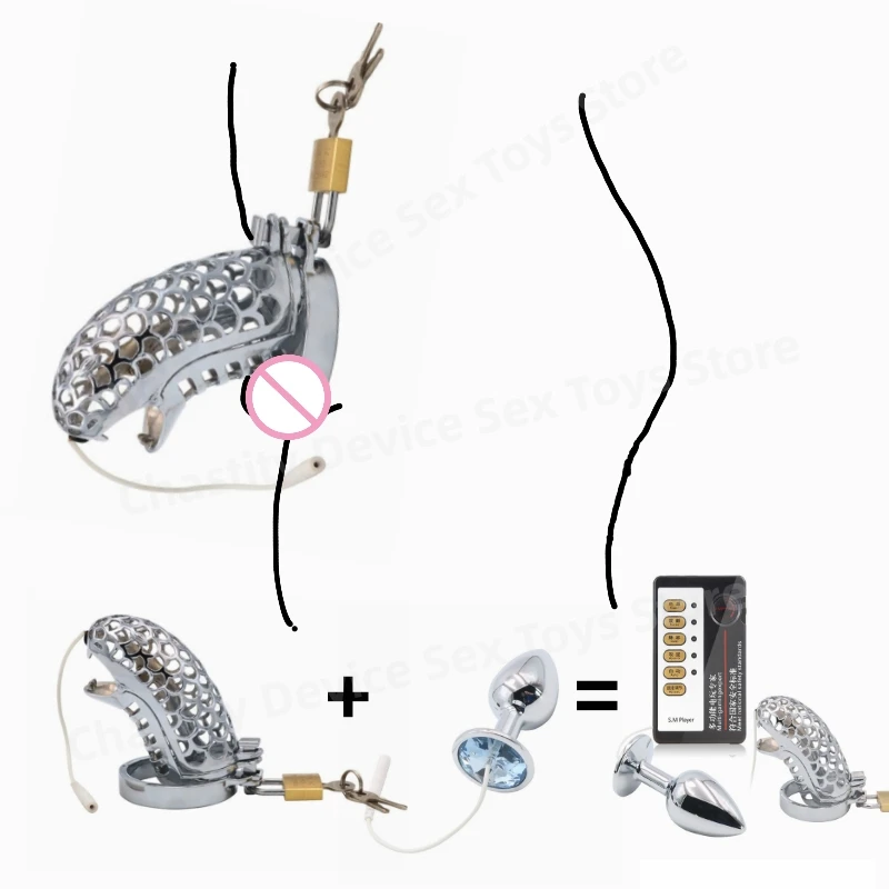 Electric Shock Kit Chastity Device Metal Cock Cage Lock Electrical Stimulation Anal Plug Adult ...