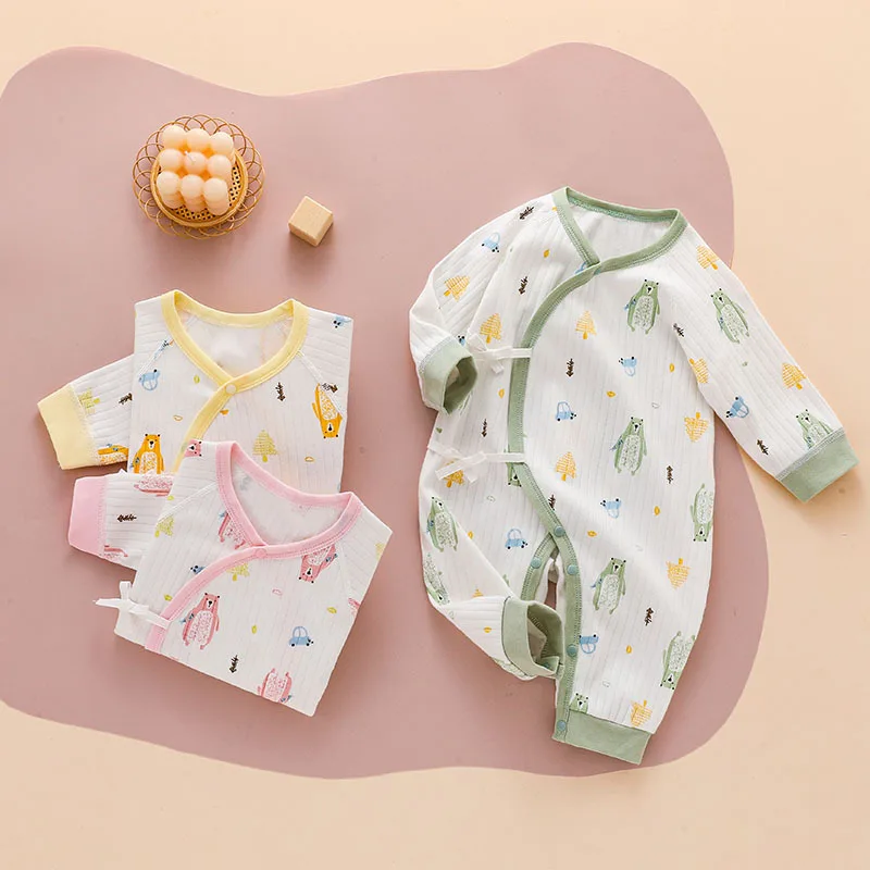 Newborn Pure Cotton Boneless Baby Romper with Diagonal Placket and Tie ...