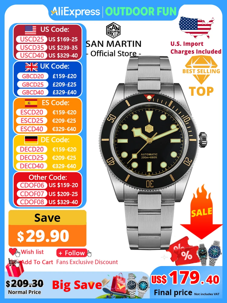 San Martin New 40mm BB58 Retro Luxury Diver Watch NH35 Automatic ...