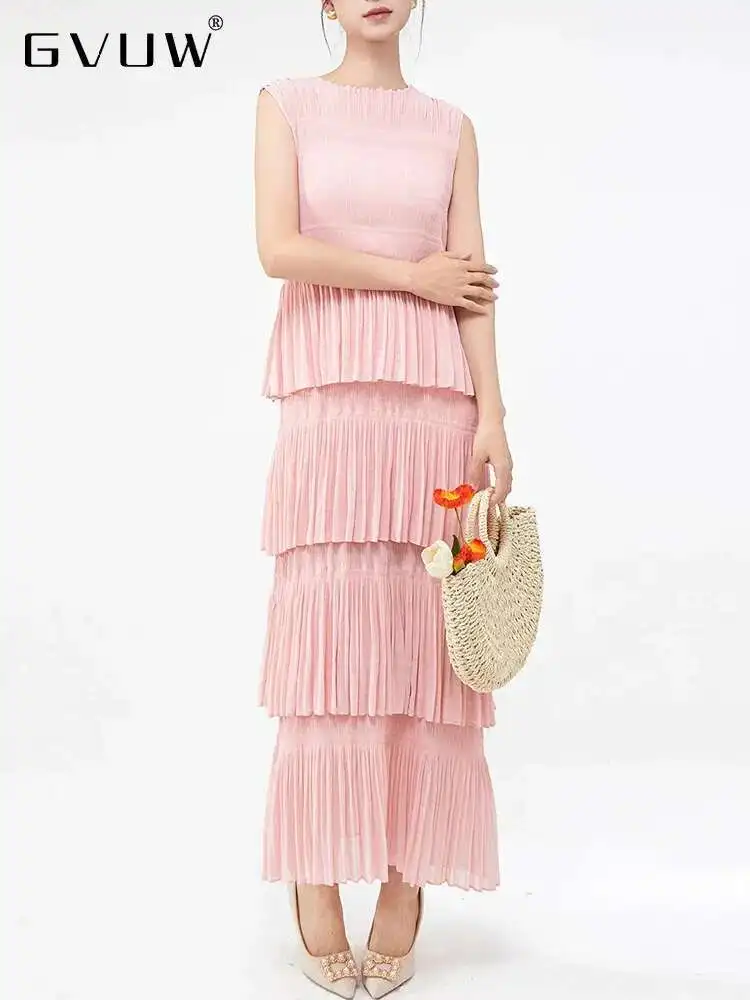 GVUW Pleated Spliced Ruffles Long Dresses For Women Round Collar ...