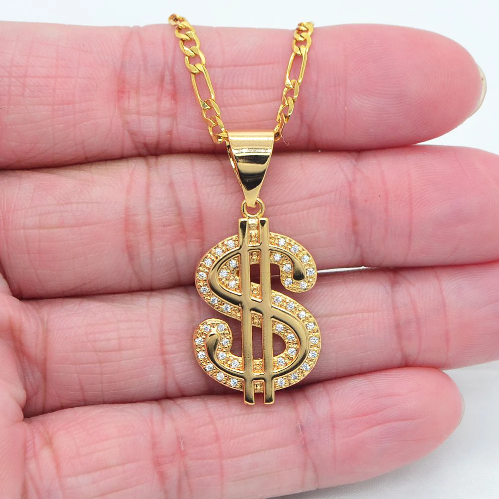 Meftuna Yellow Gold Color Women Clear Mystic CZ Hip Hop Dollar Sign ...