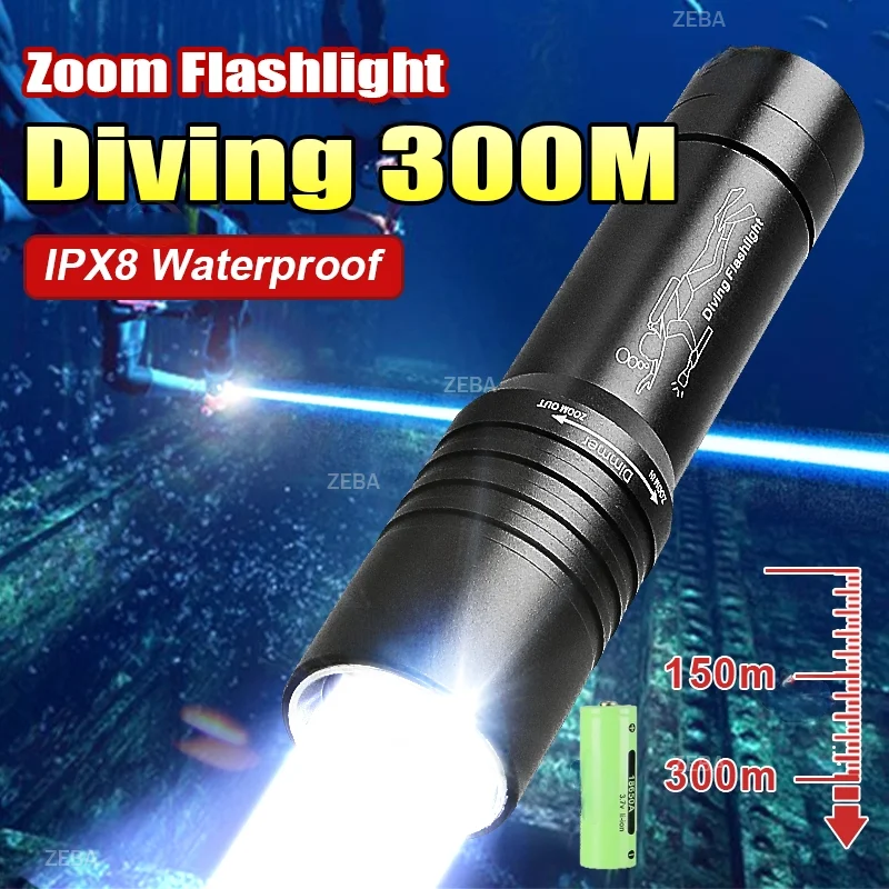 Powerful LED Diving Flashlight Zoomable Underwater Torch Professional ...