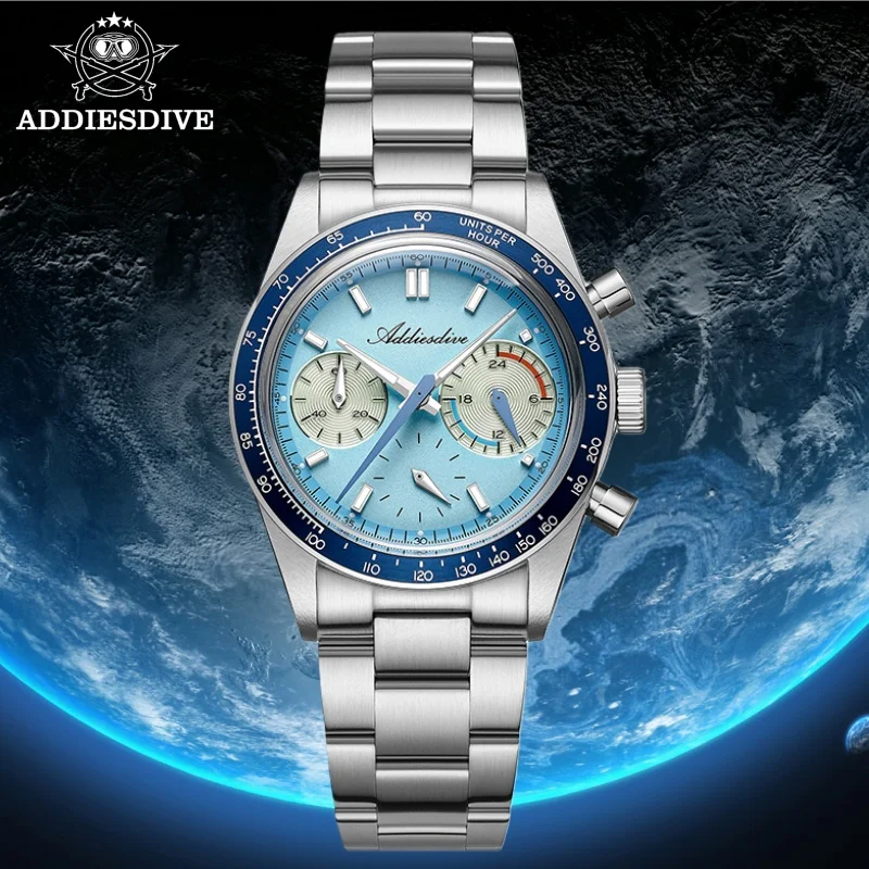 ADDIESDIVE Chronograph Men Watch 37mm Aluminum Ring AD2539 BGW9 Blue ...