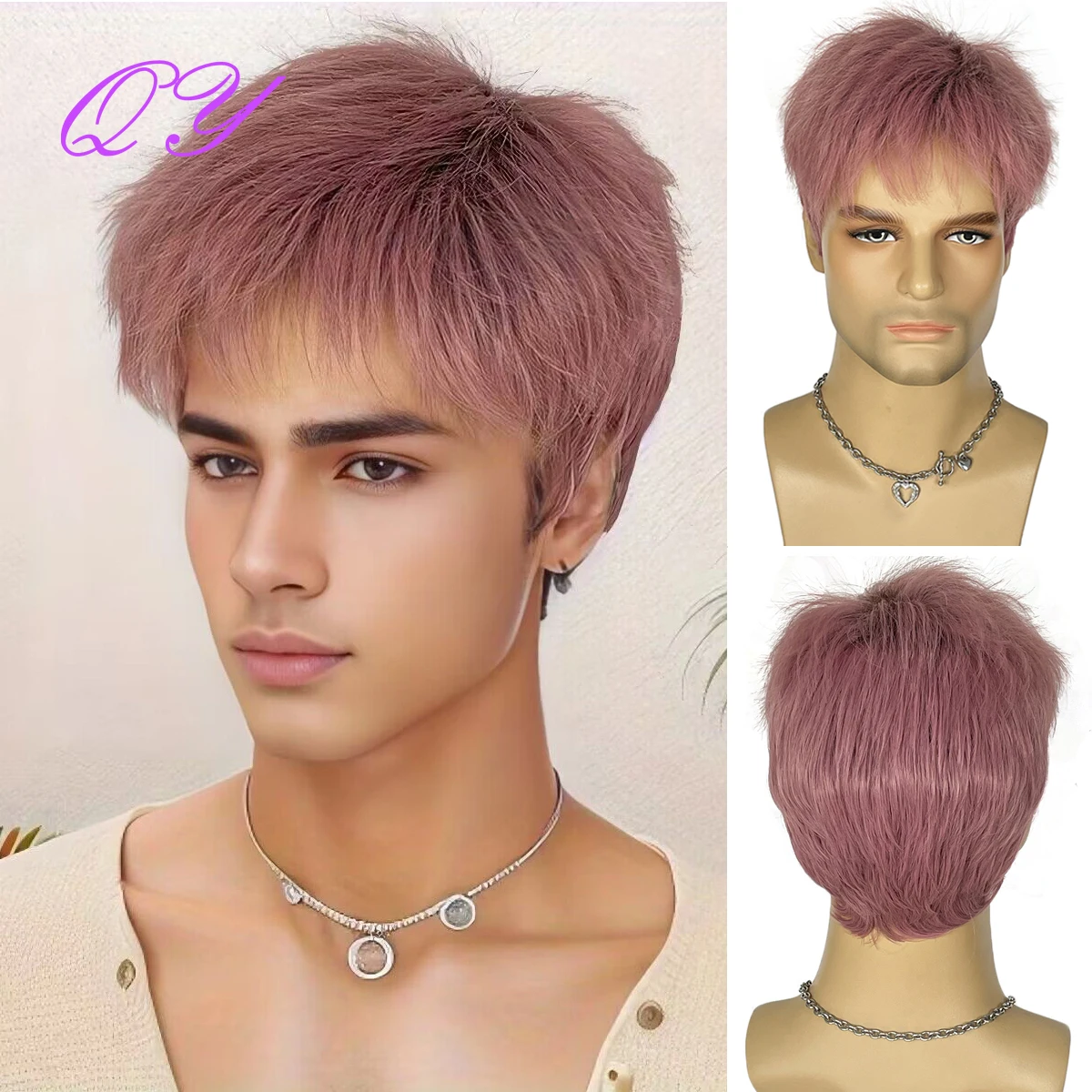 Synthetic-Men-Wig-Short-Pink-Natural-Straight-With-Bangs-Cosplay-Or ...
