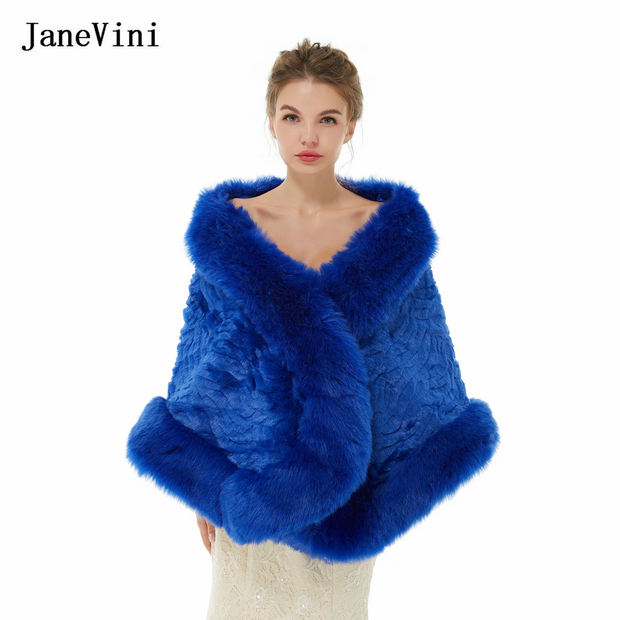 Janevini Royal Blue Cape Wedding Faux Fur Coat Warm Bridal Bolero Wraps ...