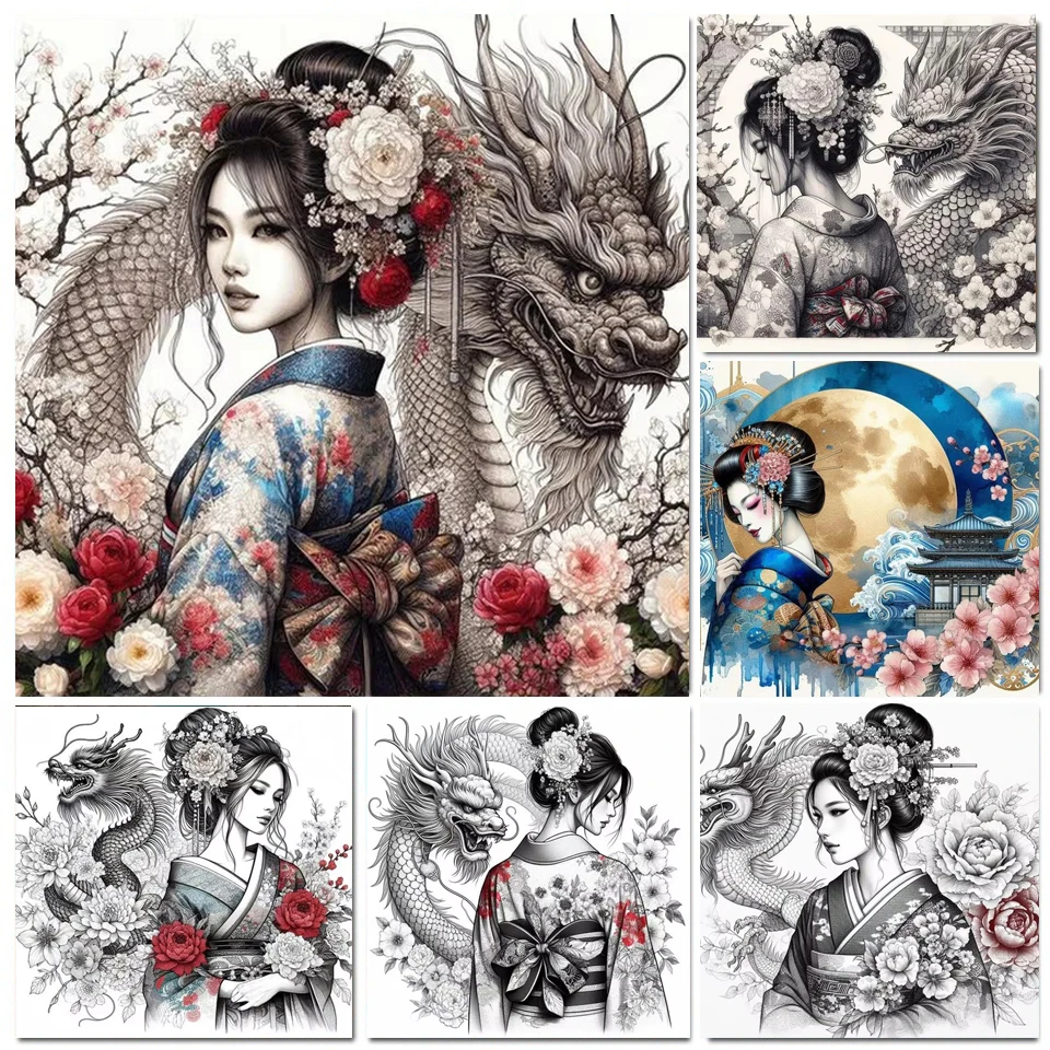 5D-Diy-Diamond-Painting-Japanese-Geisha-Dragon-And-Woman-Full-Diamond ...