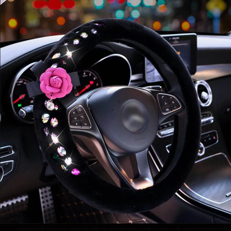 Luxury-Crystal-Rose-Flower-Car-Steering-Wheel-Covers-Hand-Sewing ...