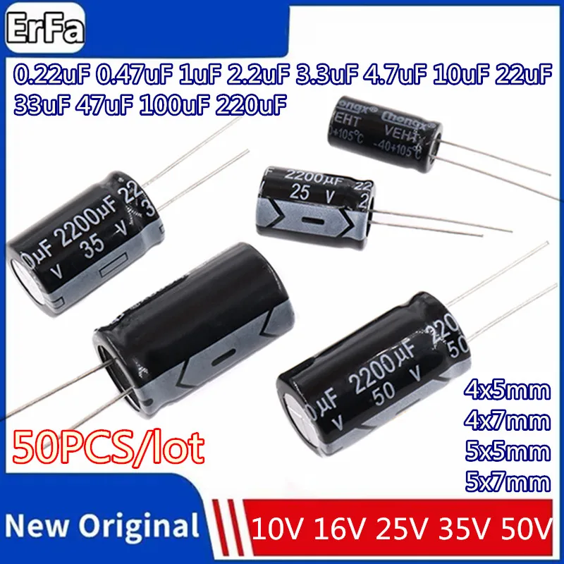 50pcs 50V 35V 25V 16V 10V Aluminum electrolytic capacitor 0.22uF 0.47uF 1uF 2.2uF 3.3uF 4.7uF ...