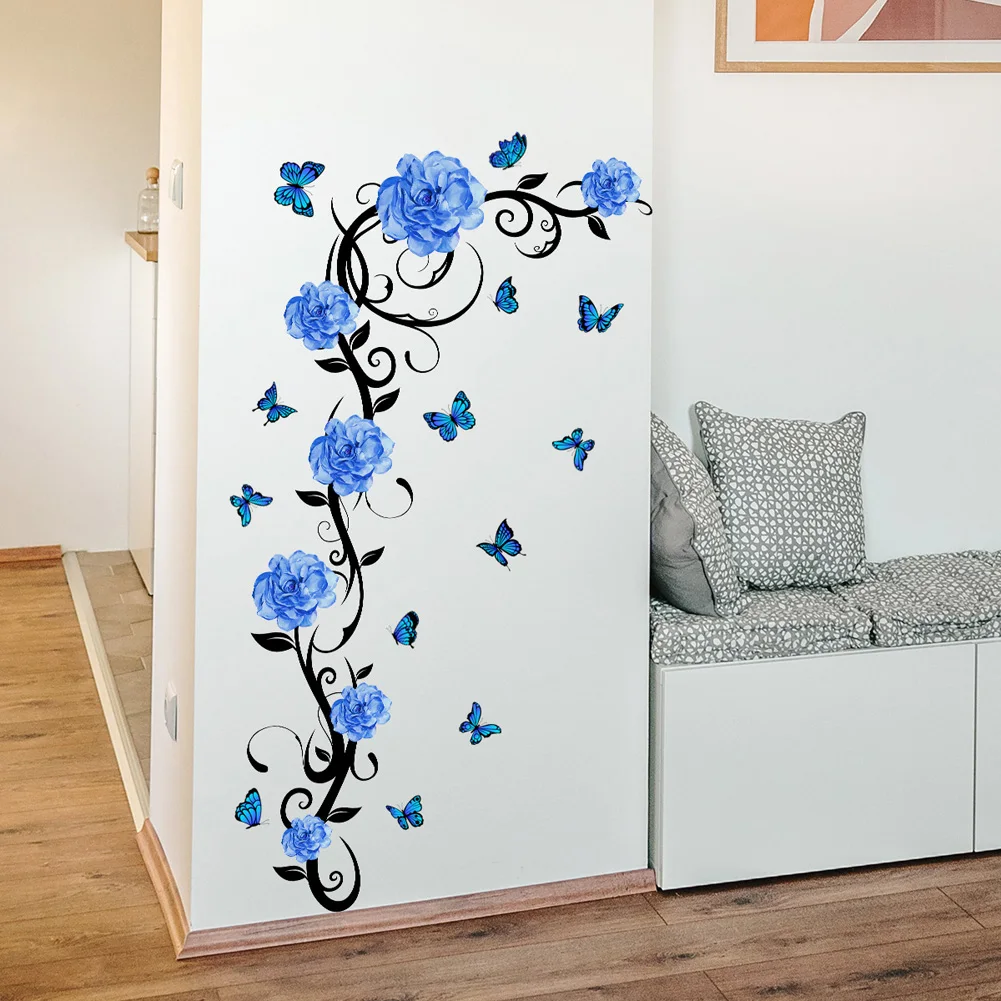 Blue-Flower-Arabesque-Butterfly-Wall-Stickers-Living-Room-Background ...