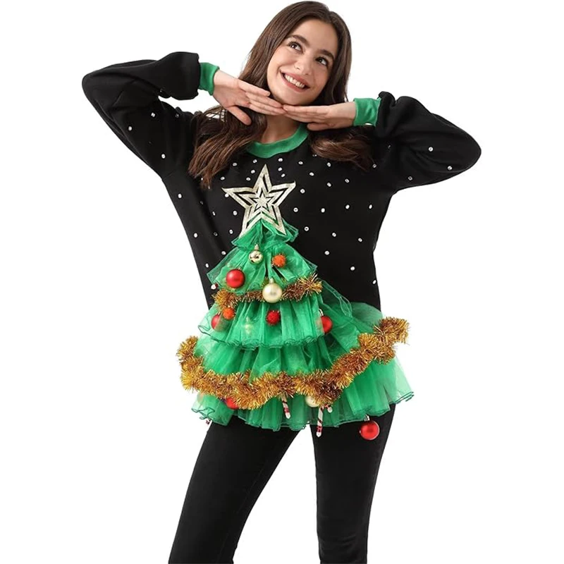 Adult Women's Black 3D Green Tulle Tutu Skirt Ugly Christmas Tree ...