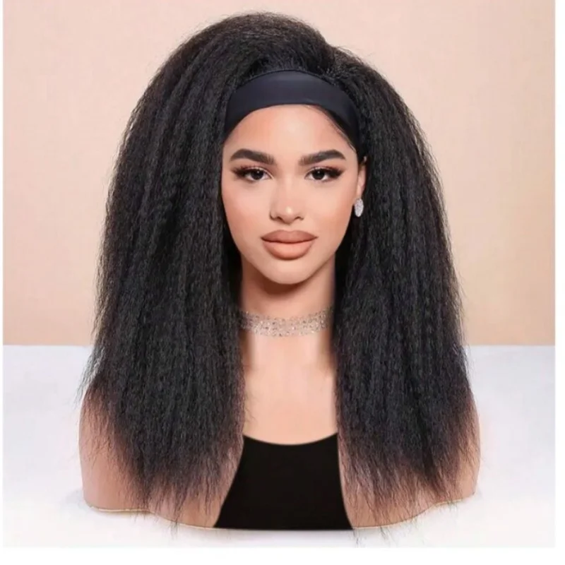 Long Kinky Straight Hair Wigs for Black Women, Synthetic Headband Wig ...