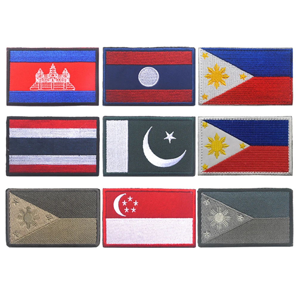 Asian Flag Patch Laos Pakistan Thailand Philippines Cambodia Singapore Embroidered Hook Loop ...