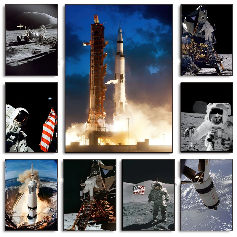 Apollo-Missions-Poster-Saturn-V-Launch-Astronaut-on-Lander-Canvas ...