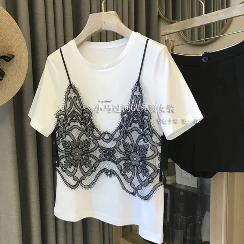 Korean-Woman-Tshirts-Chic-Fake-Two-Summer-Tees-Y2k-Clothes-Patchwotk ...