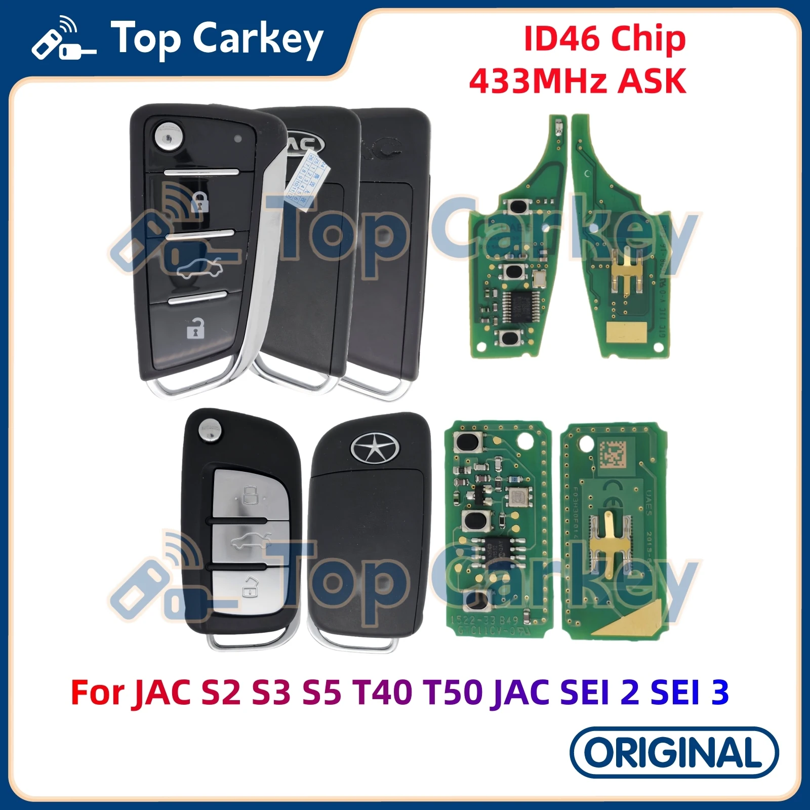 TopCarkey Original Flip Remote Key ID46 Chip 433MHz for JAC S2 S3 S5 ...