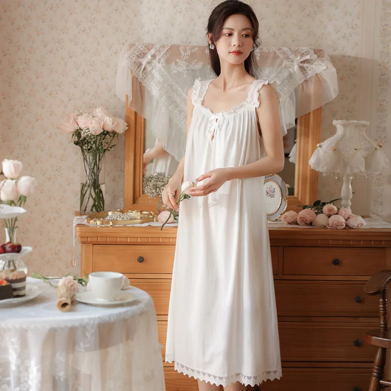 Summer Cotton Sleeveless Night Dress Women White Long Nightdress Sweet Lace Peignoir Victorian ...