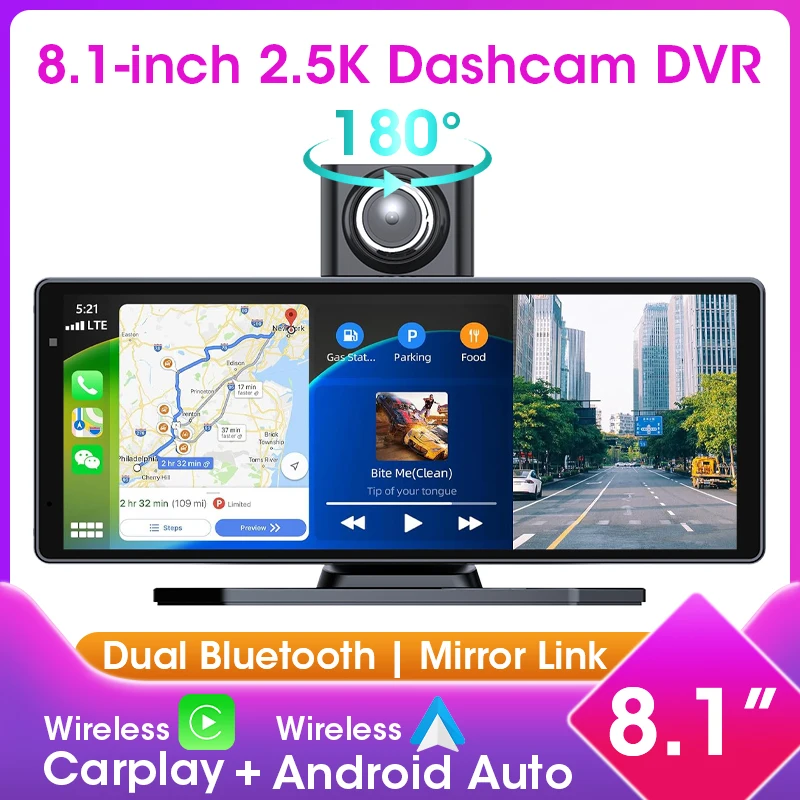 7/8.1" Wireless Carplay Screen Car DVR Carplay Android Auto 2.5K ...