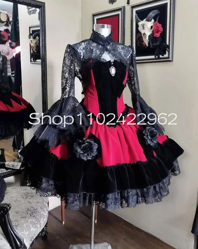 Black-Pink-Gothic-Lolit-Mini-Evening-Homecoming-Dresses-Long-Sleeve ...