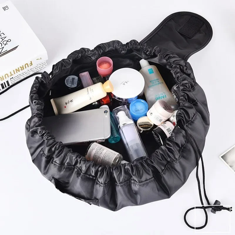 Drawstring Elastic Makeup Storage Bag Women Portable Travel Black Large ...