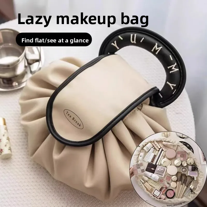 New Lazy Drawstring Makeup Bag for Women, Portable Waterproof PU Travel ...