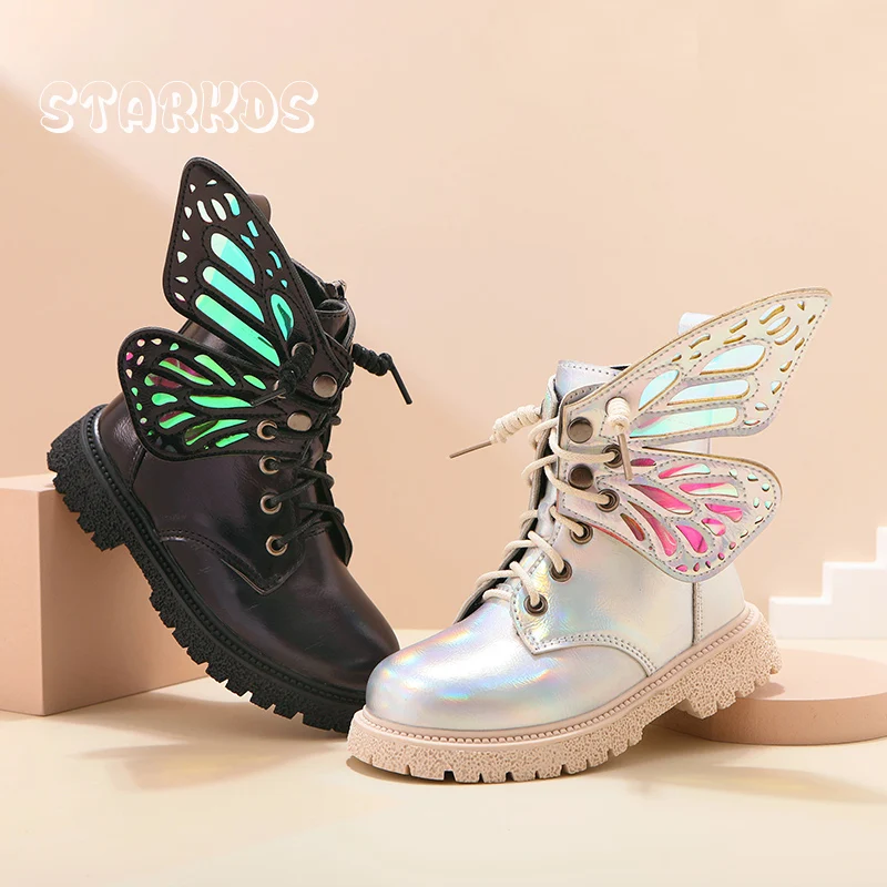 Butterfly Wings Flat Boots Girls Fashion Fairy Shoes Kids Autumn Laser ...
