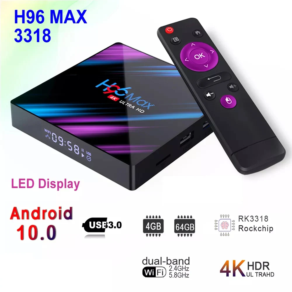 H96-MAX-3318-Android-10-0-Smart-TV-Box-Rockchip-RK3318-4GB-RAM-64GB-ROM ...