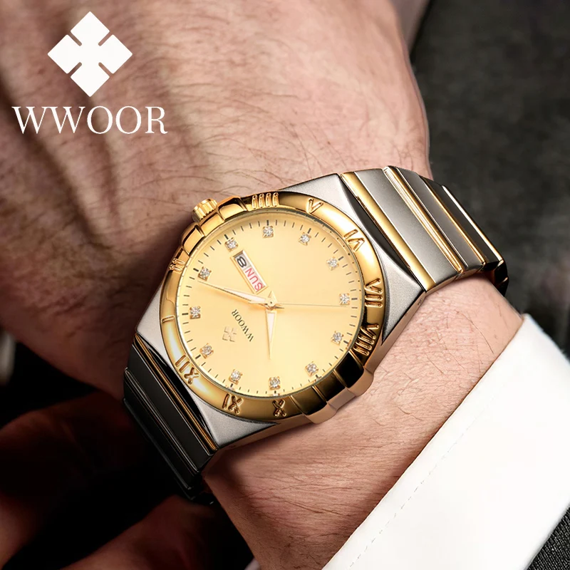 WWOOR New Gold Men Luxury Watch Full Steel Quartz Minimalist Diamond ...