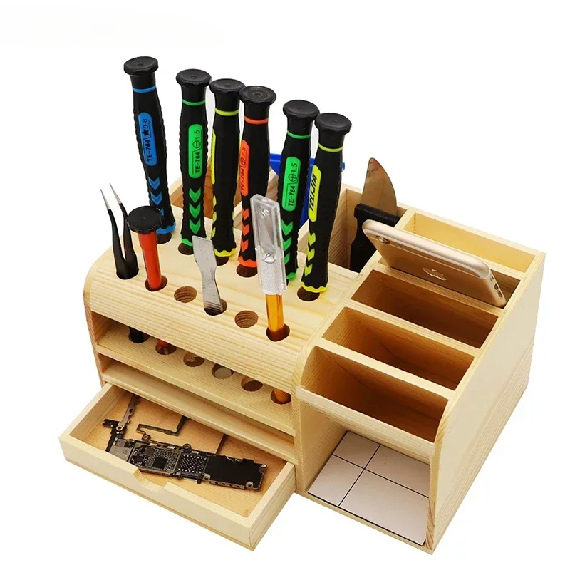 Wooden Multi-Function Storage Box For Mobile Phone Repair Tools Holder ...