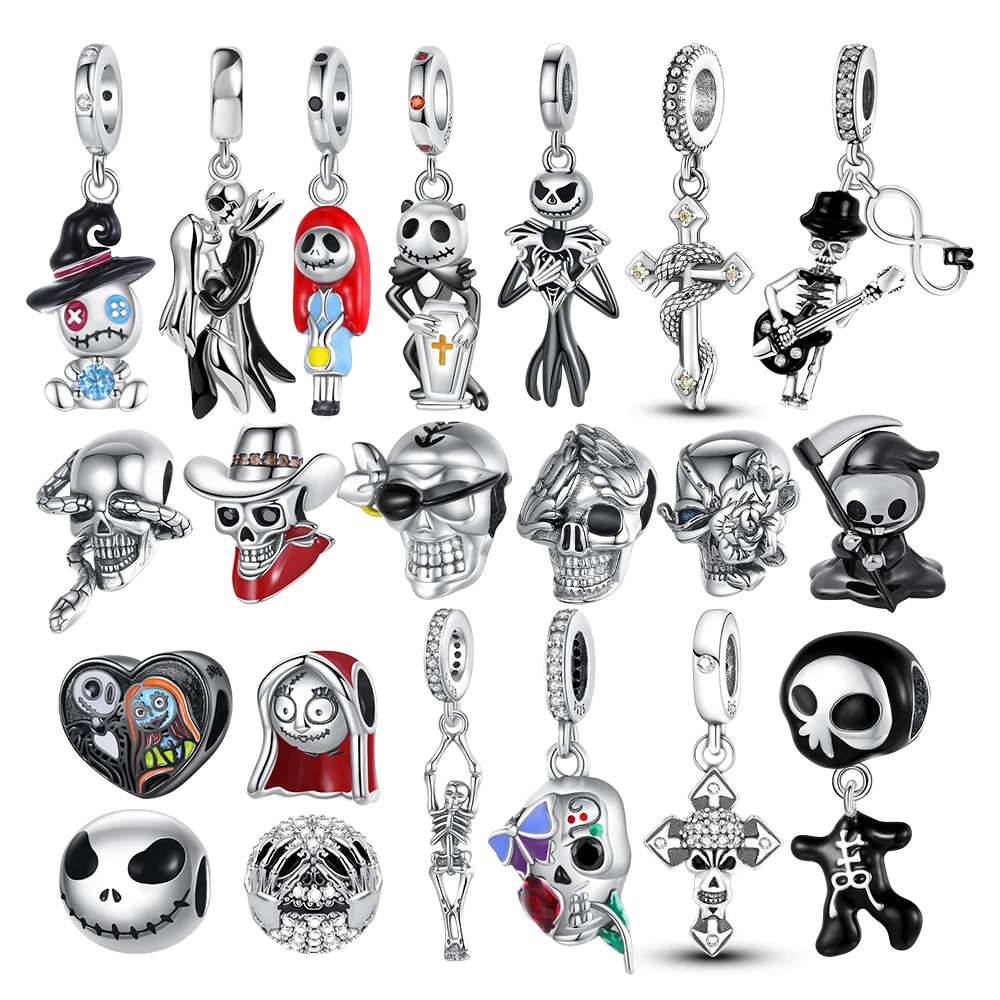 925 Silver Charm Jack Skull Dangle Dragon Cat Black Pendant Charm Fit ...