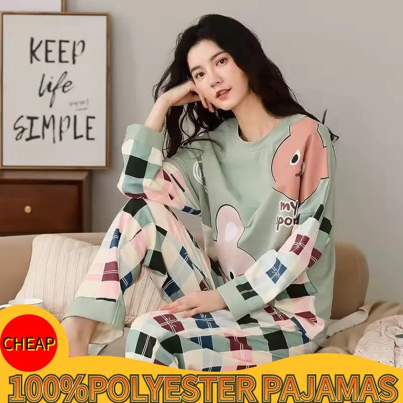 Spring Autumn Womens Polyester Pajamas Plaid Cartoon Sleepwear Long Set ...