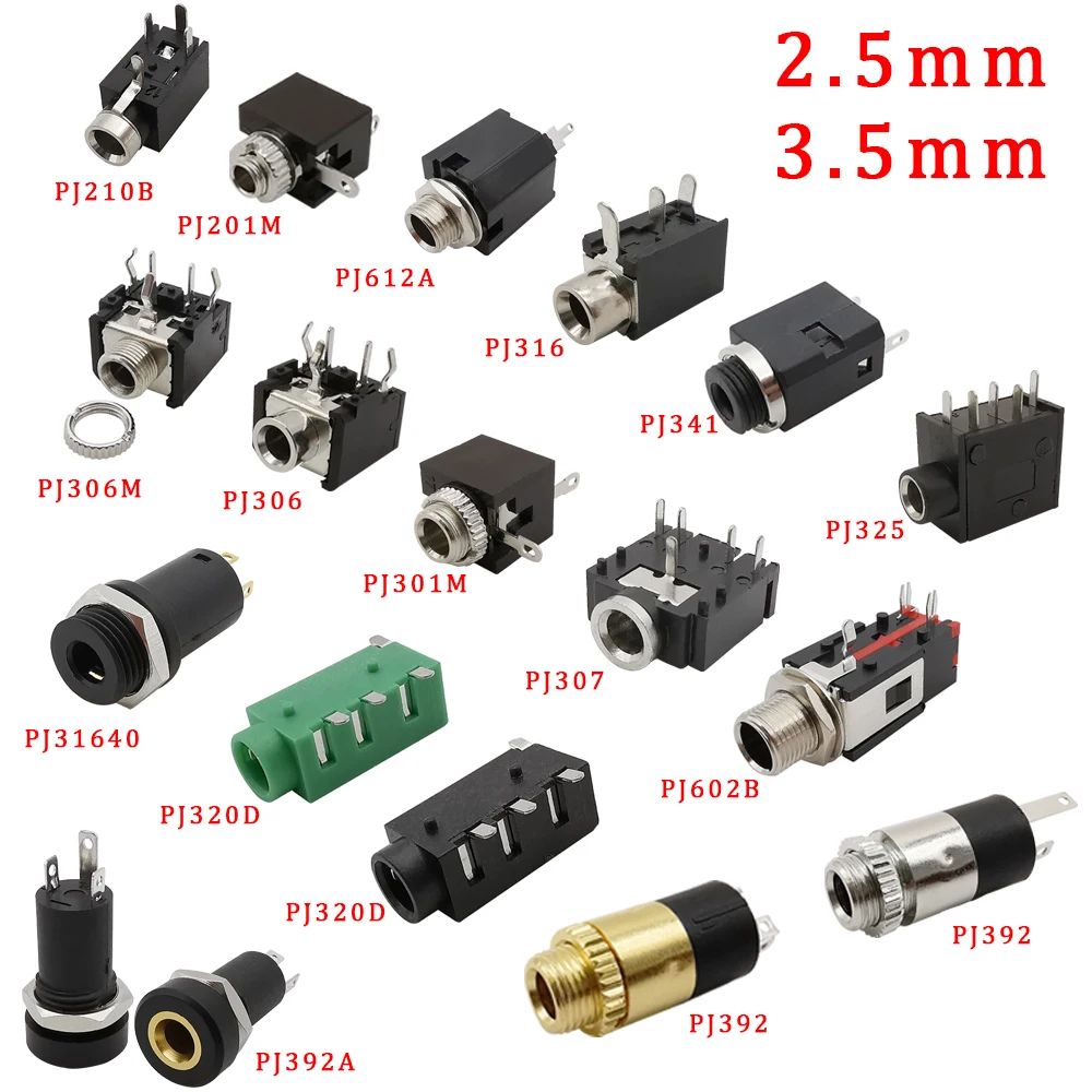 10Pcs PJ Series Headphone PCB Mount Jack 2.5mm 3.5mm 3Pin 5Pin Audio ...