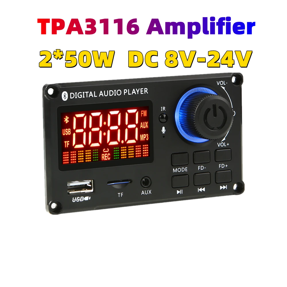 Tpa 3116 2*50w amplificador decodificador placa 12v bluetooth 5.0 carro fm módulo de rádio ...