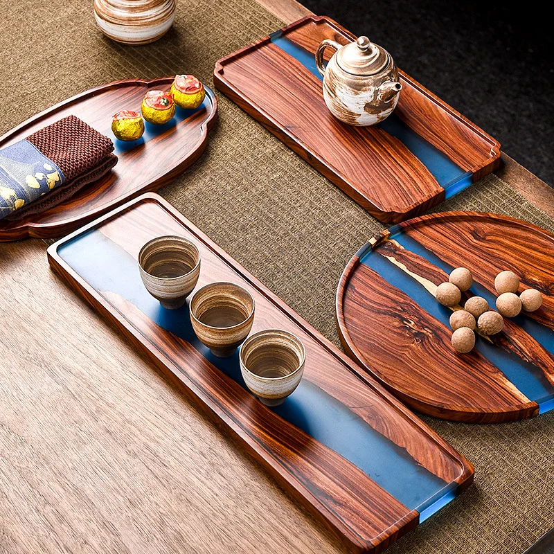 Wooden tea tray high-grade epoxy resin retro tea table household small ...