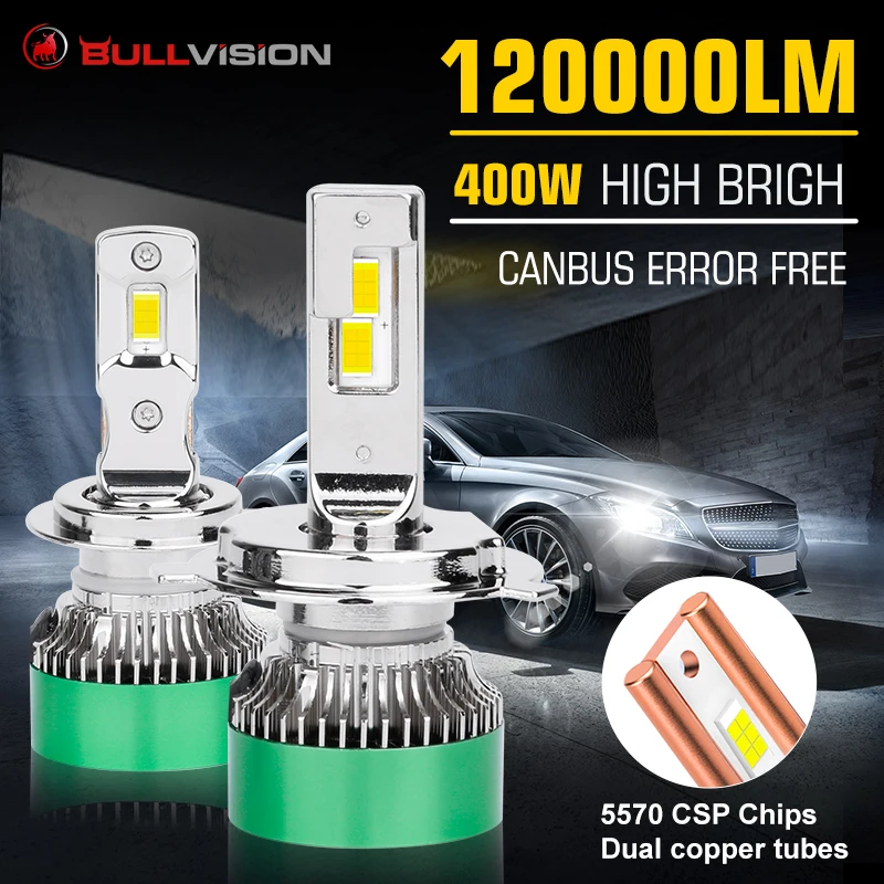 Bullvision-luces LED para coche, lámparas antiniebla, Canbus H1, 120000LM, 400W, H7, H4, H11 ...