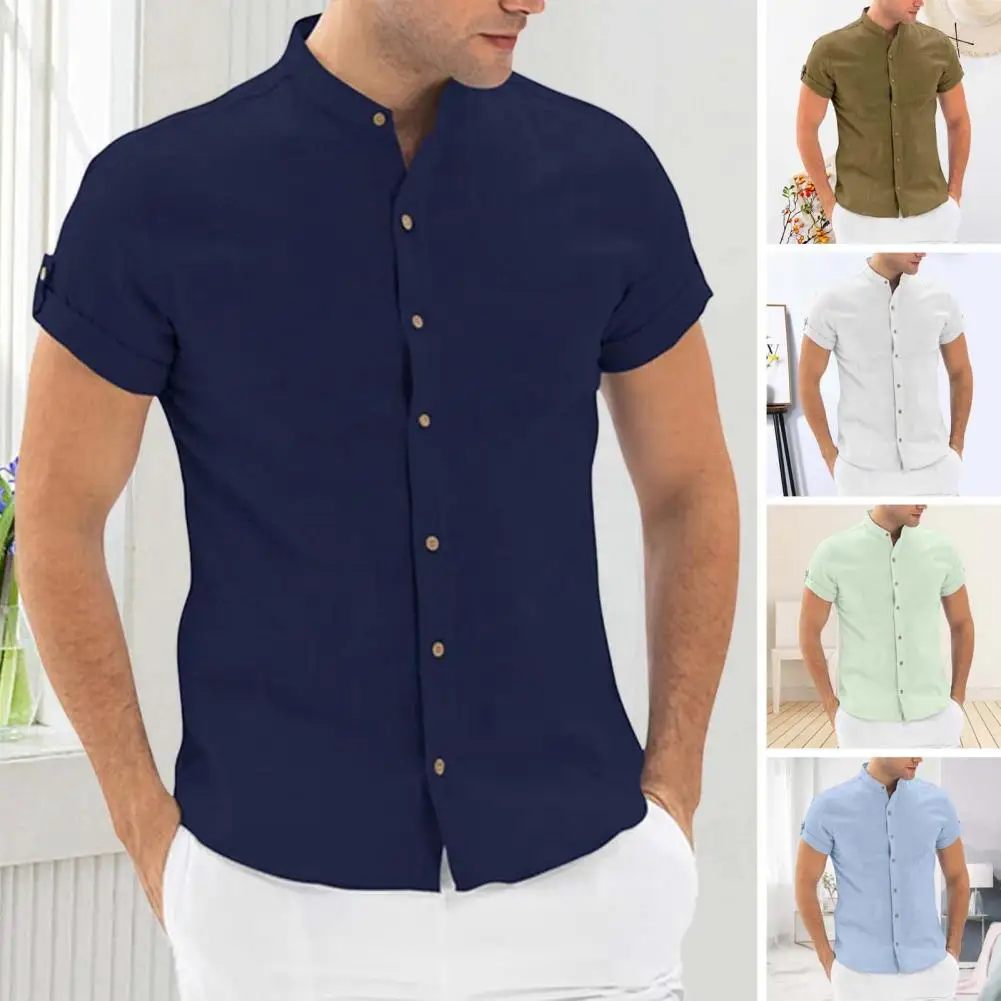 Camisa-de-manga-corta-para-hombre-c-rdigan-con-cuello-levantado-botones-ajustados-ropa-informal ...