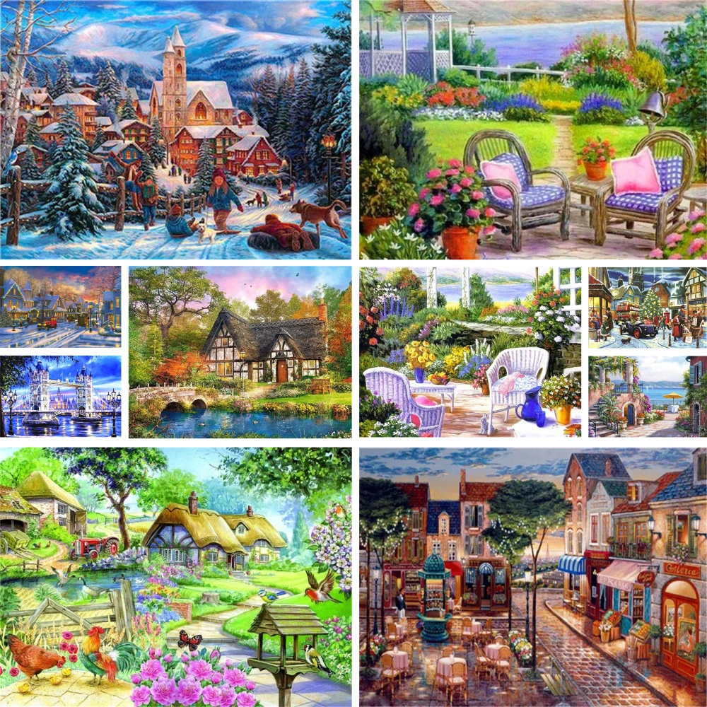 Landscape-Cartoon-House-Pre-Printed-Cross-Stitch-Complete-Kit ...