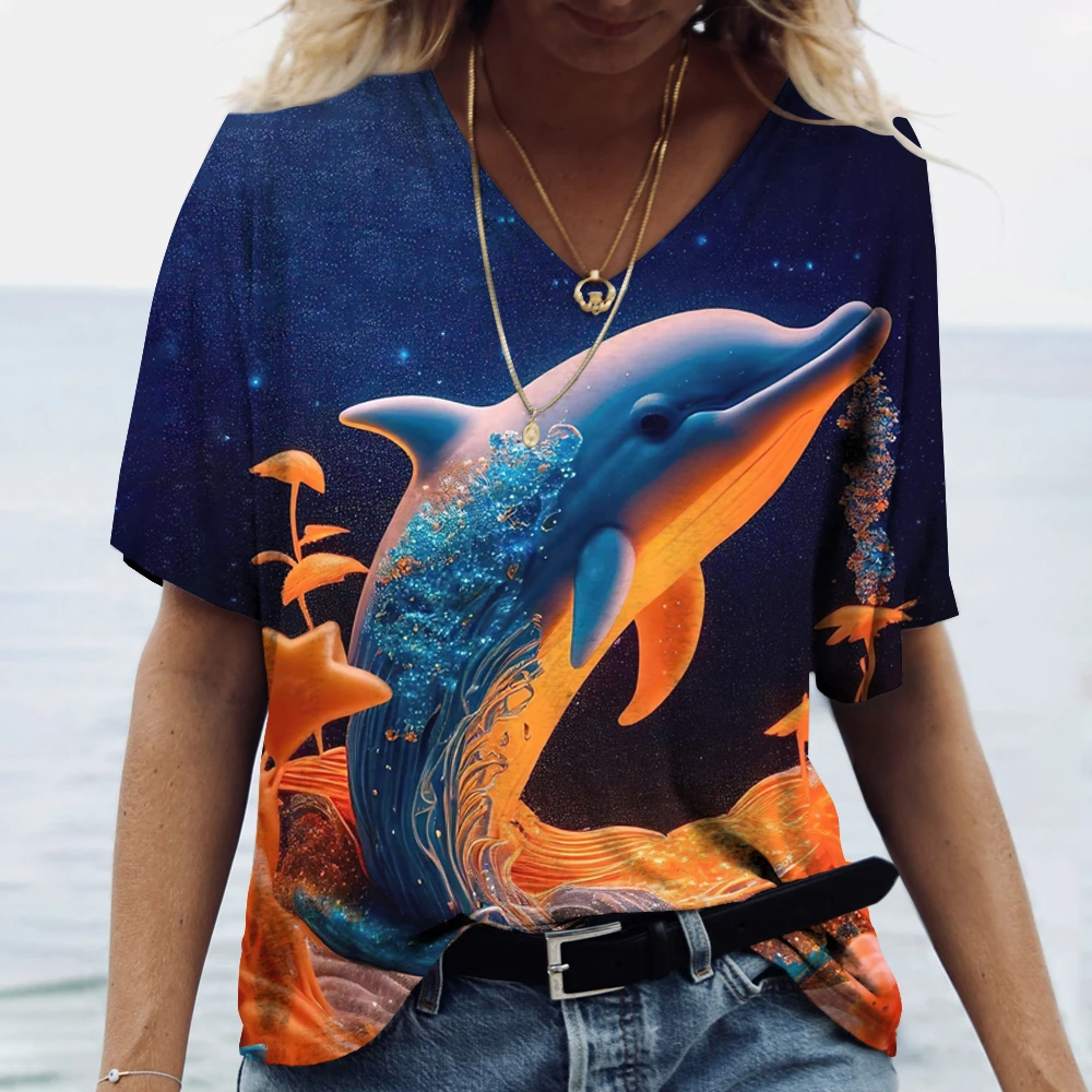 Women-S-T-Shirt-3d-Animal-Dolphins-Print-V-Neck-Short-Sleeve-Tops-Tees ...