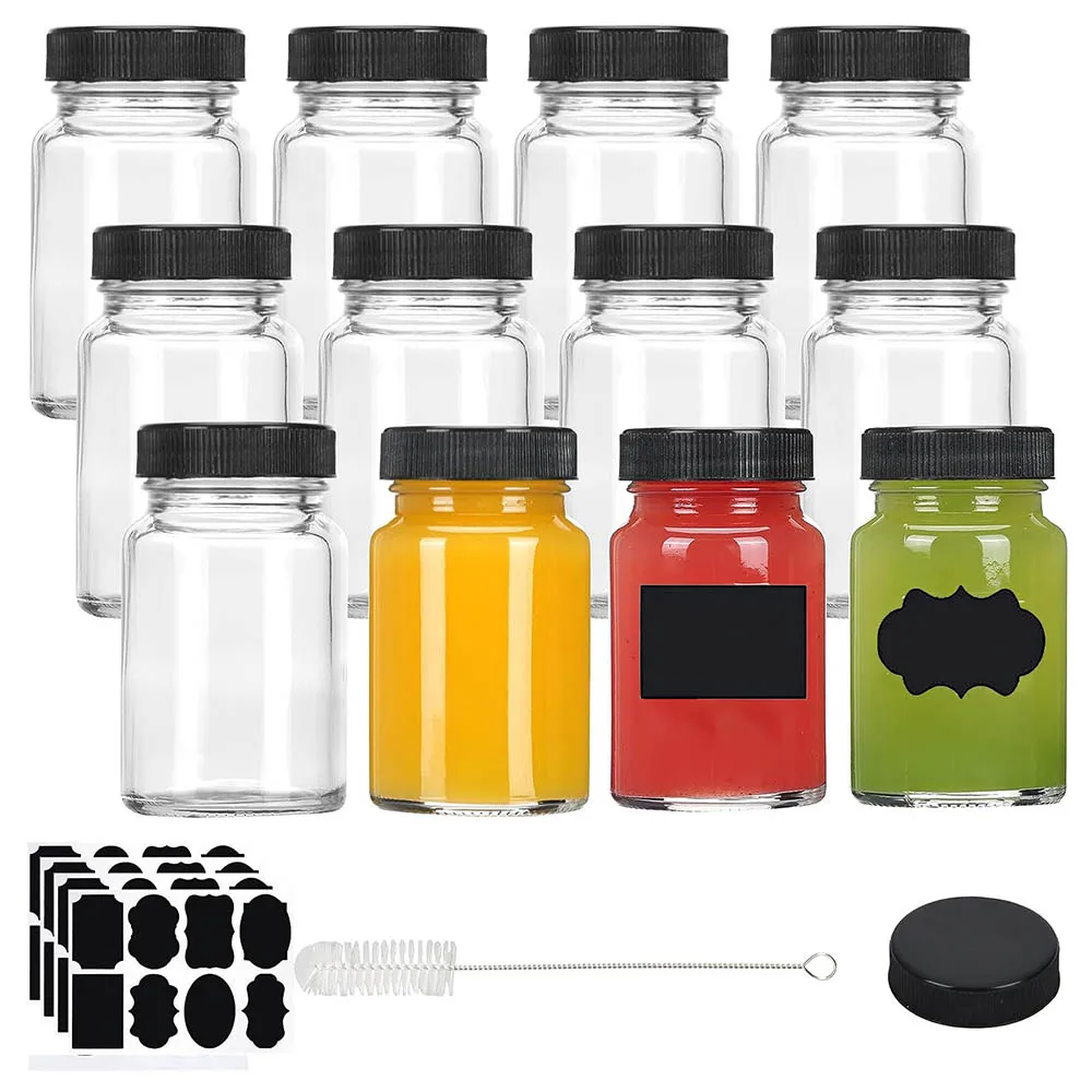 2oz Small Clear Glass Bottles with Lids for Liquids, Wide Mouth Short ...