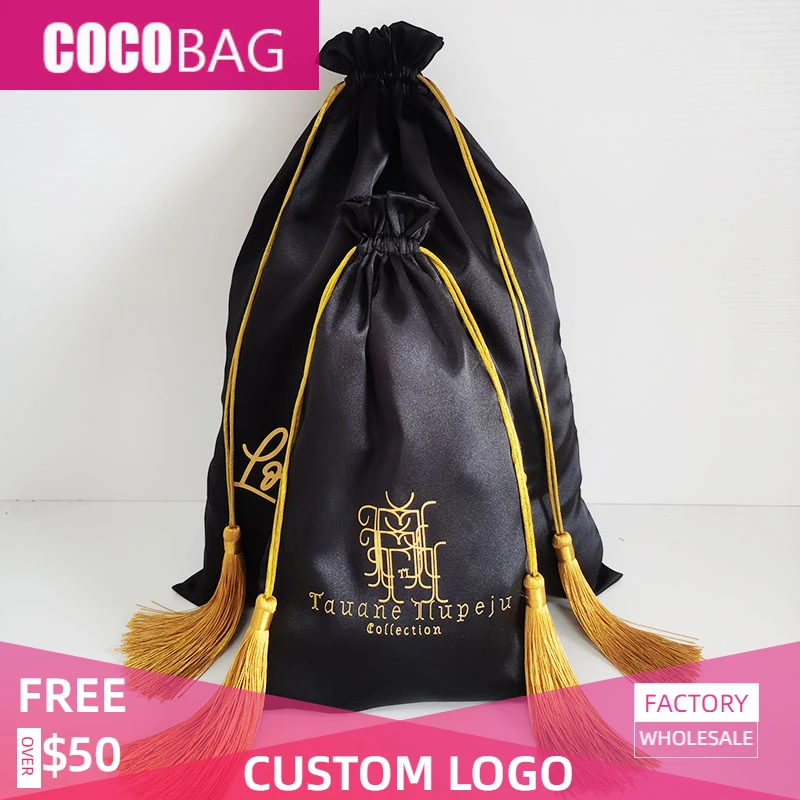 Black Gold Satin Drawstring Bags | Satin Packaging Bags | Satin Wig ...