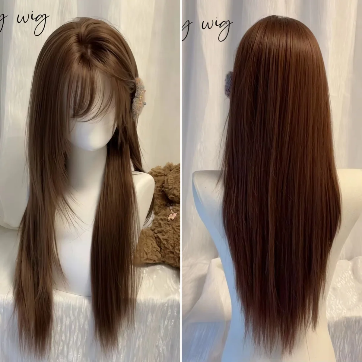 Ashely Light Brown Wig 24inch Long Straight Hair Wig with Bangs High ...