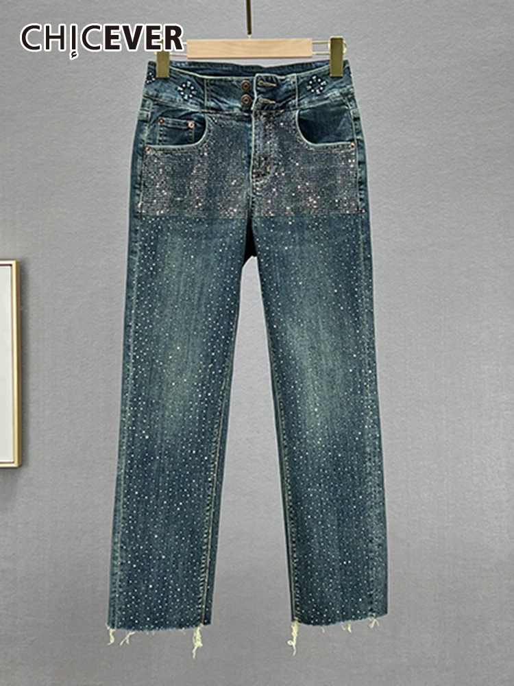 CHICEVER-Patchwork-Diamond-Jeans-For-Women-High-Waist-Spliced-Chain ...