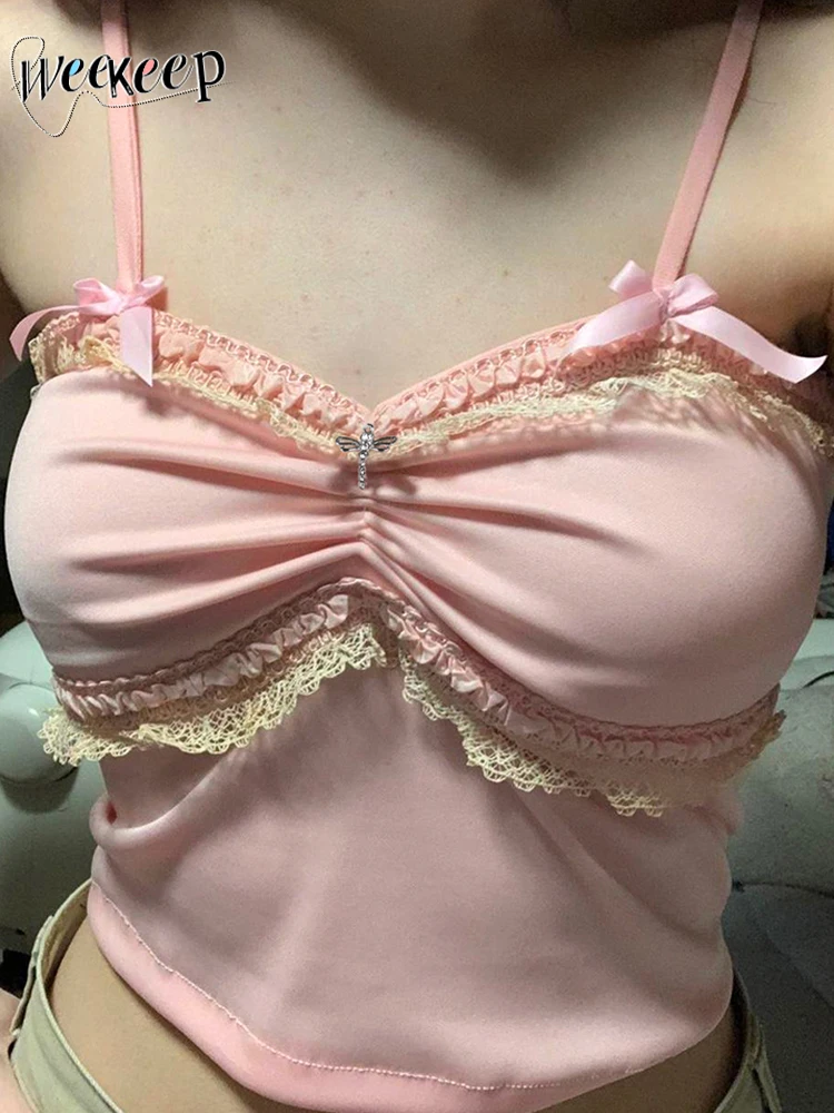 Weekeep Sweet Y2k Bow Stitched Crop Top Women Kawaii Pink Cute