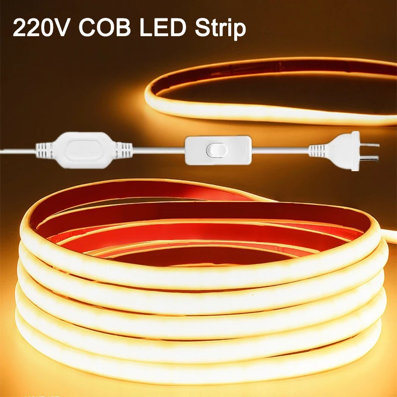 COB LED Strip Light 220V with EU AU Switch plug Adhesive Led Tape ...